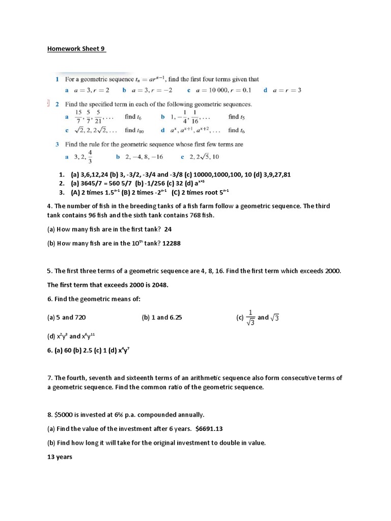 Homework Sheet 9 - Geometric Sequences and Series | PDF | Teaching ...