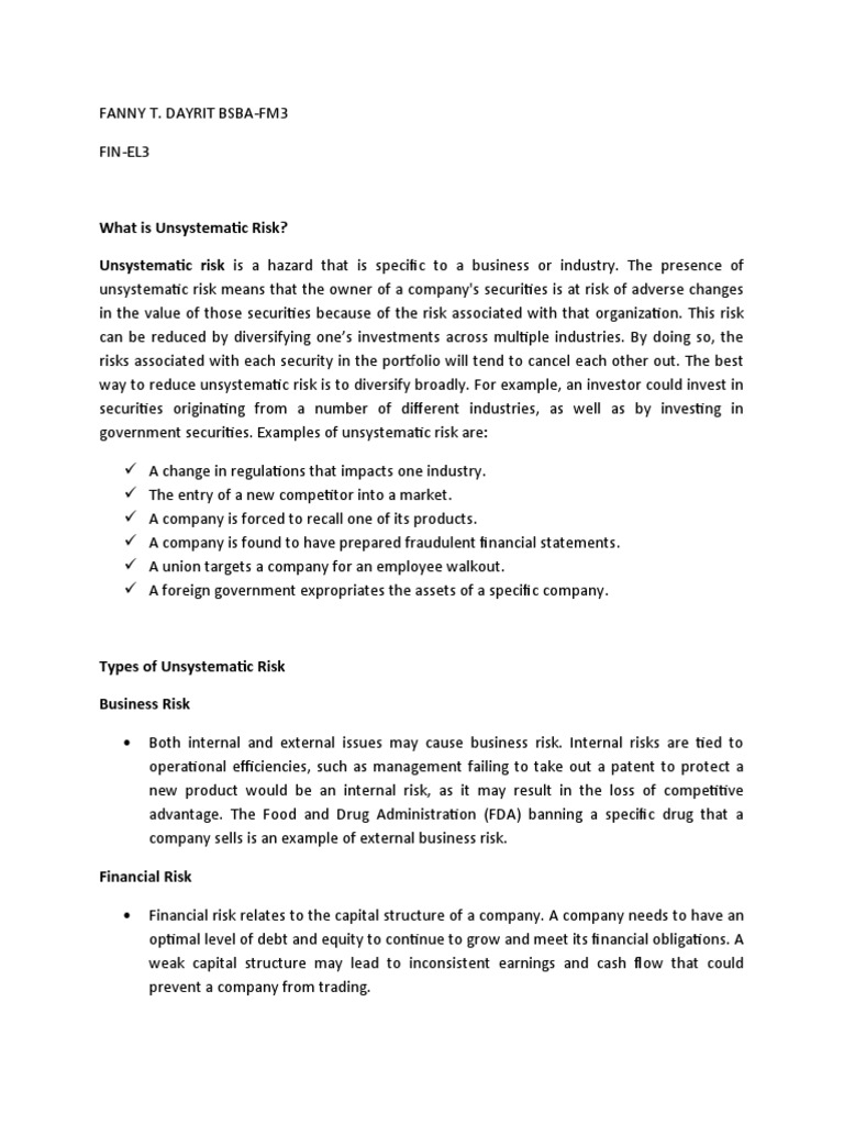 What Is Unsystematic Risk? Unsystematic Risk Is A Hazard That Is ...
