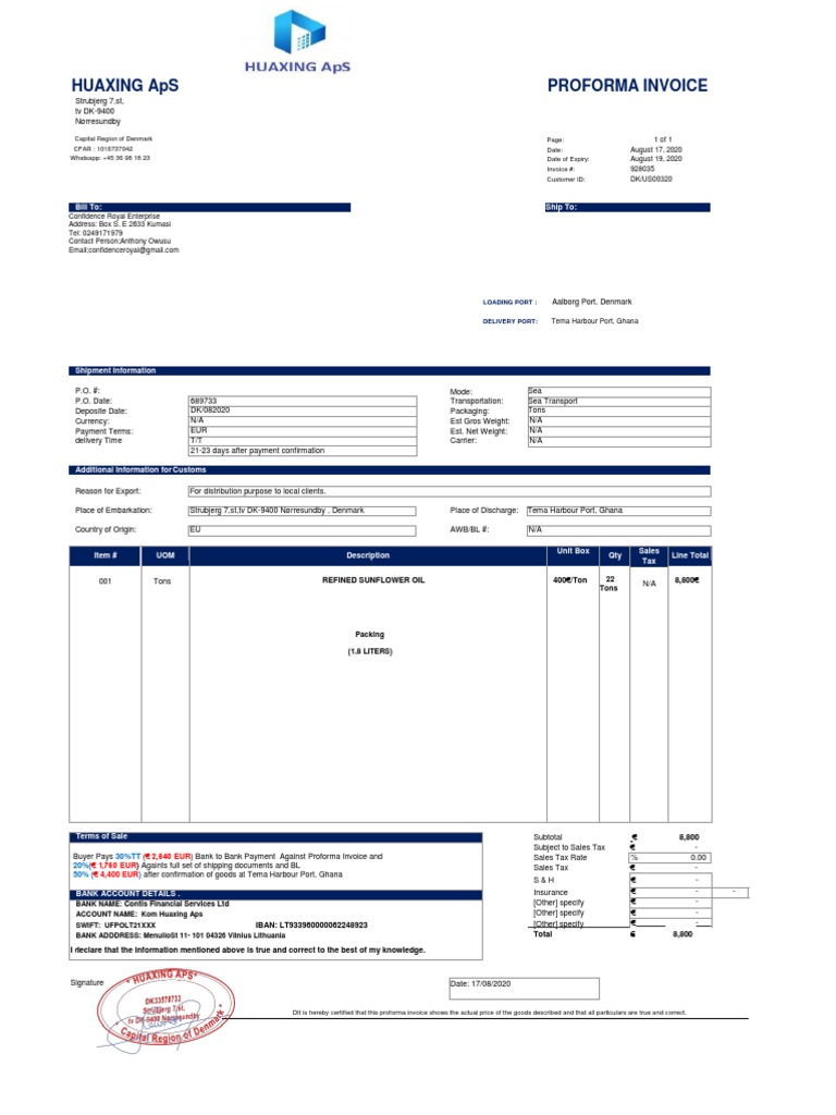 Proforma Invoice For 22MT Sunflower Oil Ghana | PDF | Pro Forma | Invoice