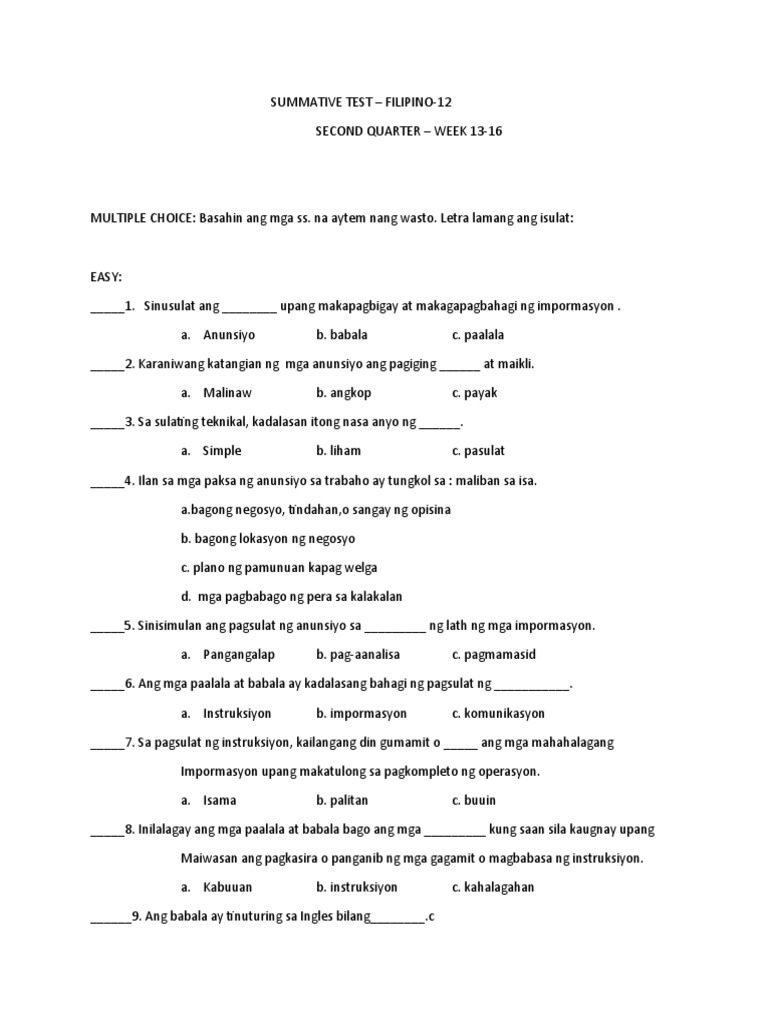Summative Test - Filipino 12 - WK 3 | PDF