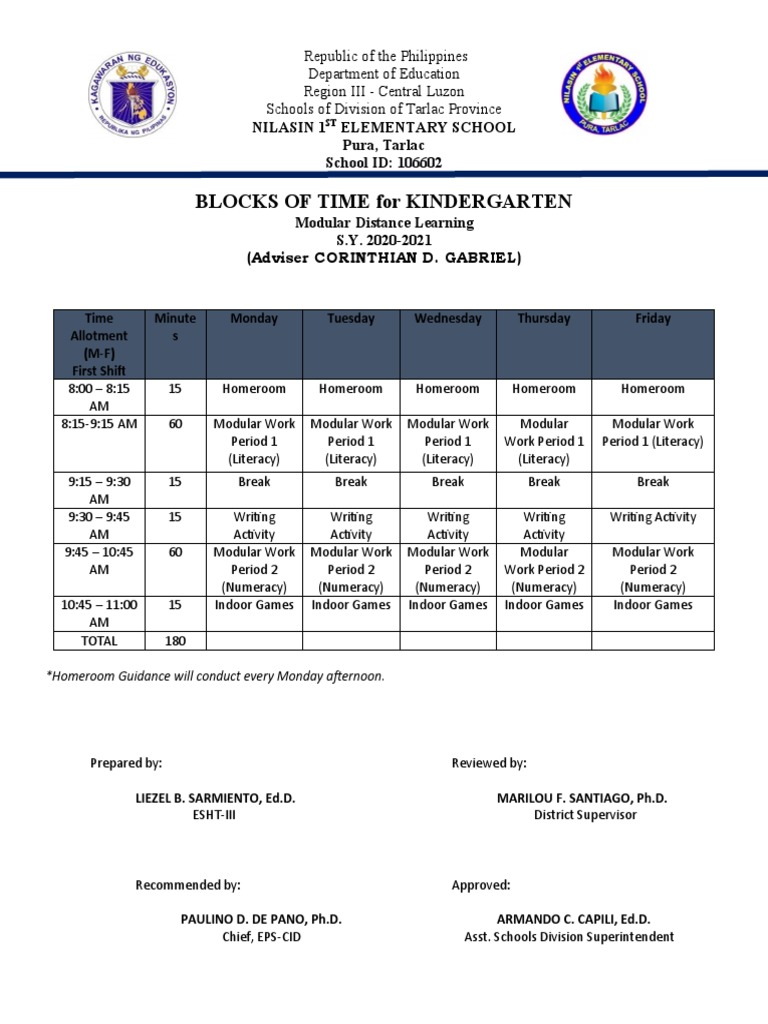 Kindergarten Blocks of Time Schedule | PDF | Social Institutions ...