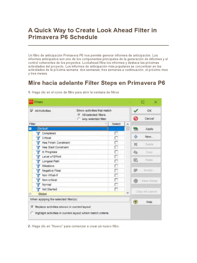 A Quick Way To Create Look Ahead Filter in Primavera P6 Schedule | PDF