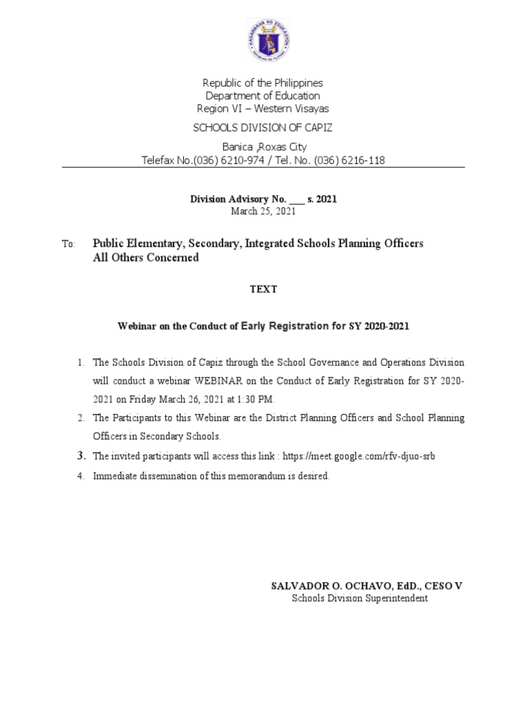 Advisory Webinar Early Registration Sy 2020 2021 | PDF