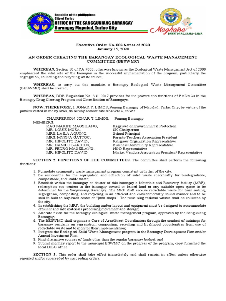 Executive Order No. 002 Creating Beswmc | PDF | Waste Management ...