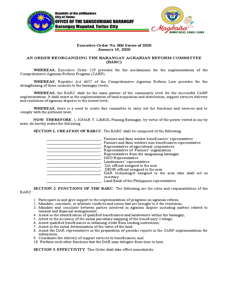 Executive Order No. 006 Reorganizing Barc | PDF | Policy | Government