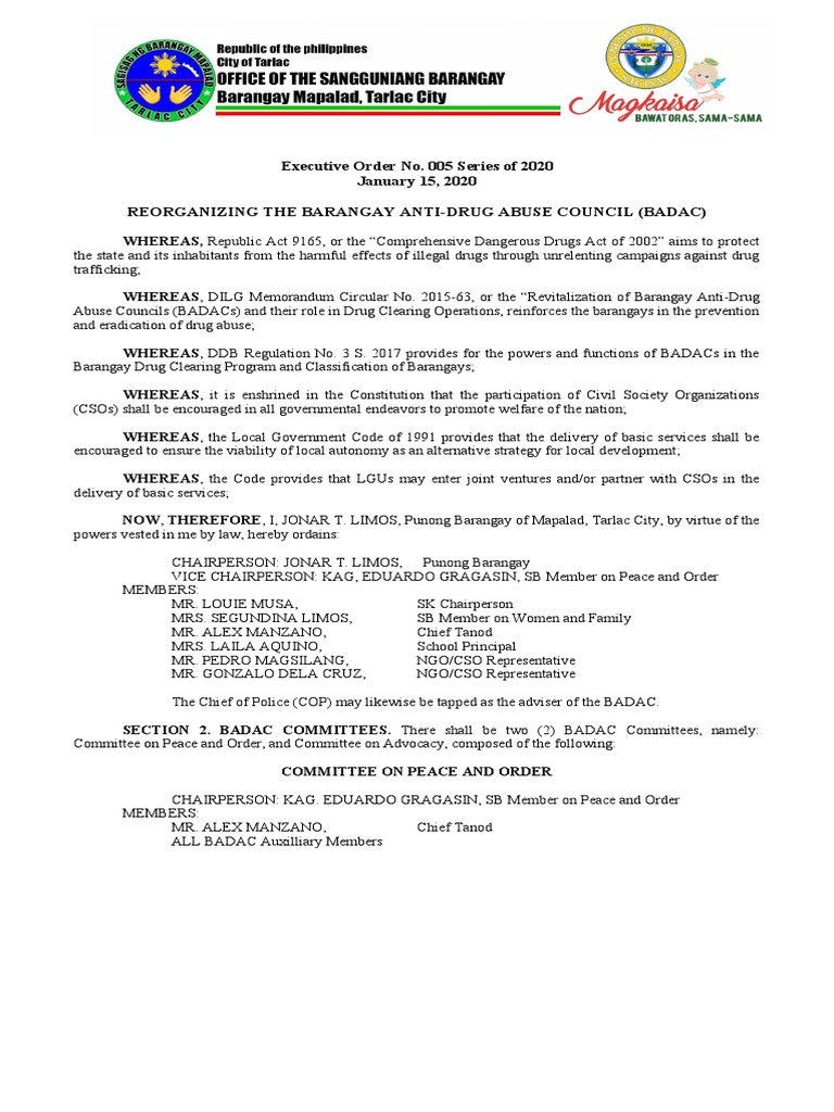 Executive Order No. 005 Reorganizing Badac | PDF | Drug Rehabilitation ...