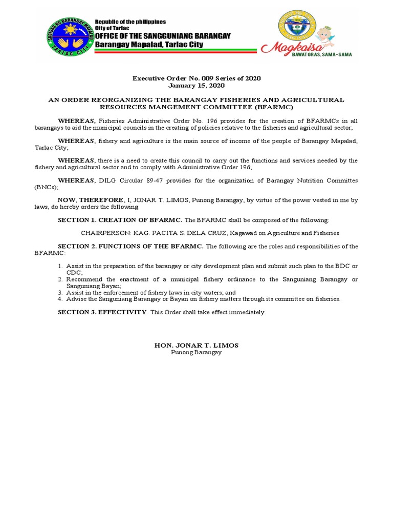 Executive Order No. 009 Reorganizing Bfarmc | PDF