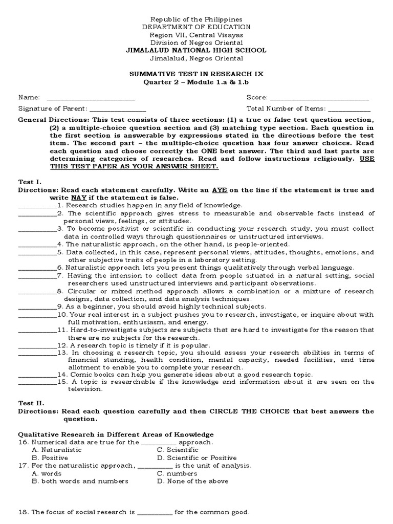 Summative Test - Q2research Ix | PDF | Multiple Choice | Data