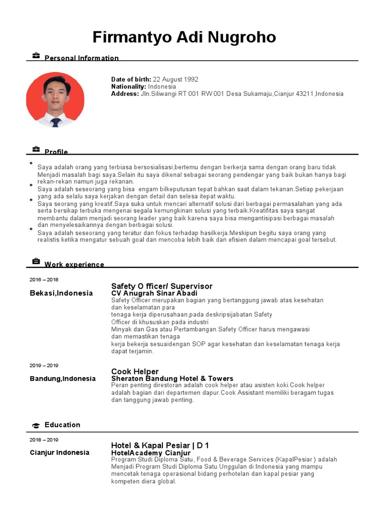 CV Koki dan Asisten Dapur Indonesia | PDF | Karier & Perkembangan ...
