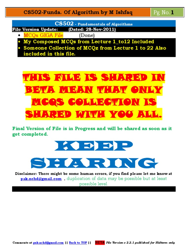 Cs502 Mcqz Betaversion By Ishfaq Pdf Time Complexity Algorithms And Data Structures 