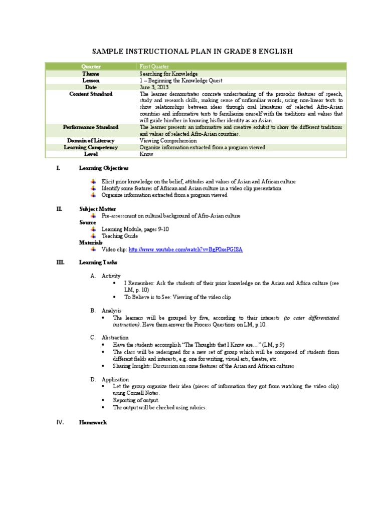 Sample Instructional Plan in Grade 8 English: Theme Lesson Date Content Standard | PDF | Reading ...