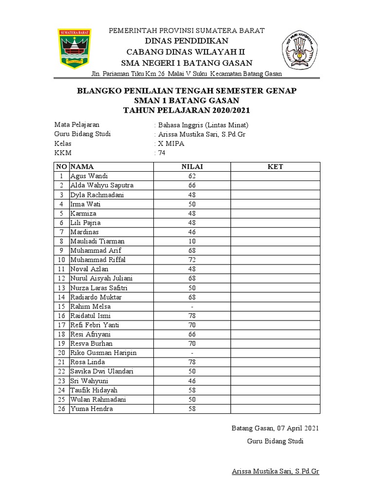 Blanko Nilai PTS | PDF