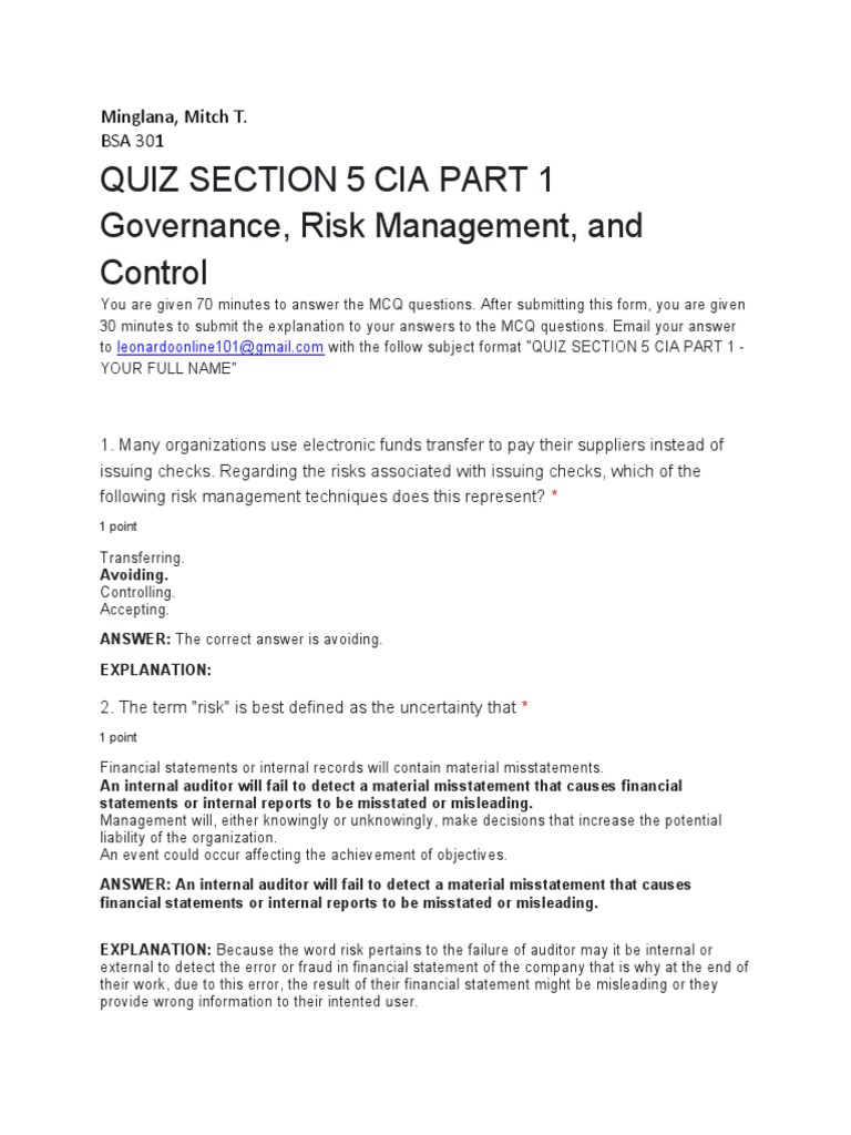 Quiz Section 5 Cia Part 1 Governance, Risk Management, and Control ...
