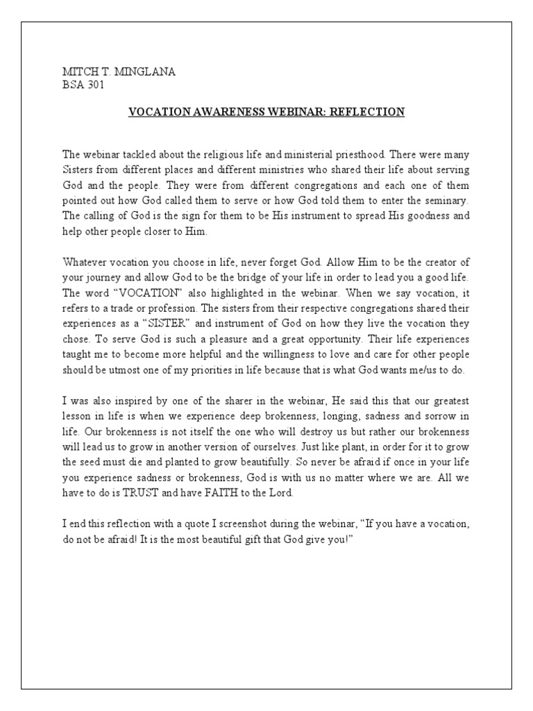 Minglana, Mitch T. Vocation Awareness Webinar - Reflection Paper | PDF
