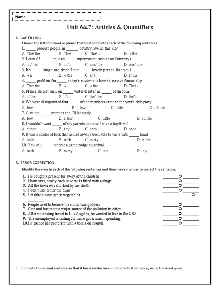 Unit 6&7: Articles & Quantifiers: - Poorest People in - Country Live in ...