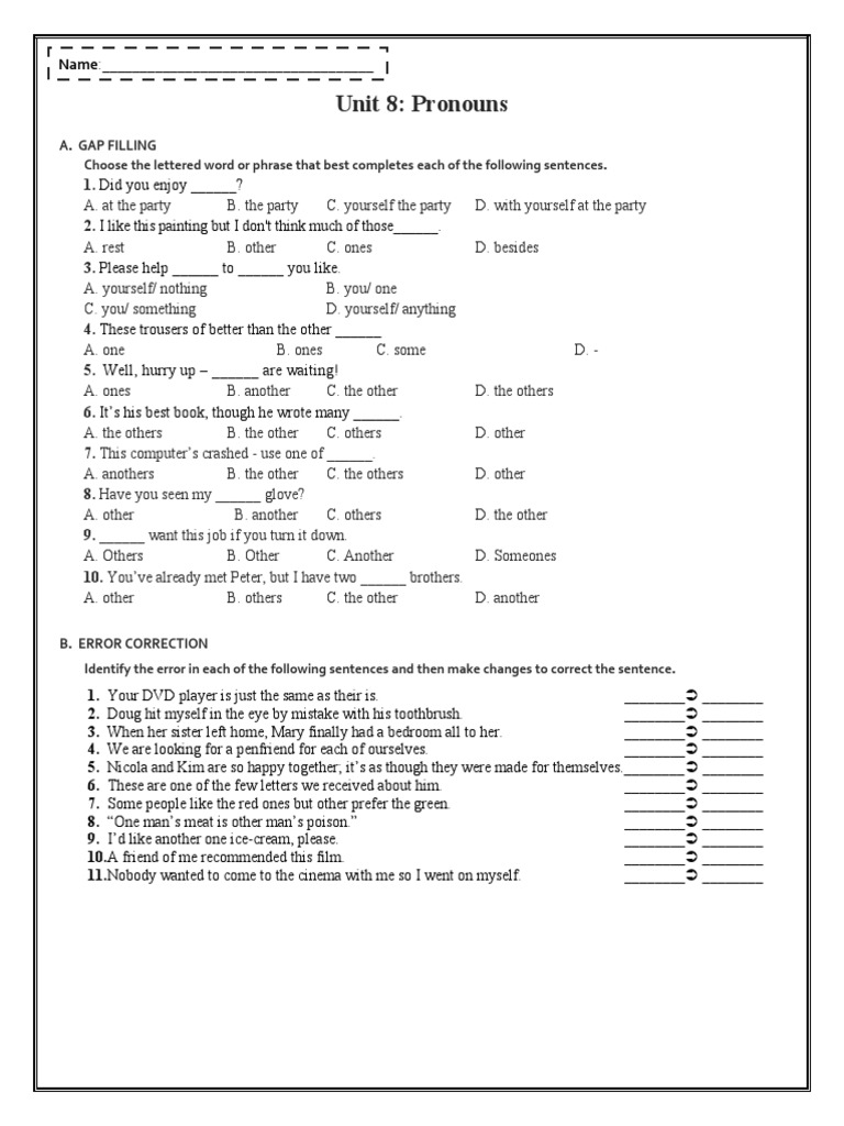 Unit 8: Pronouns: A. Gap Filling Choose The Lettered Word or Phrase ...