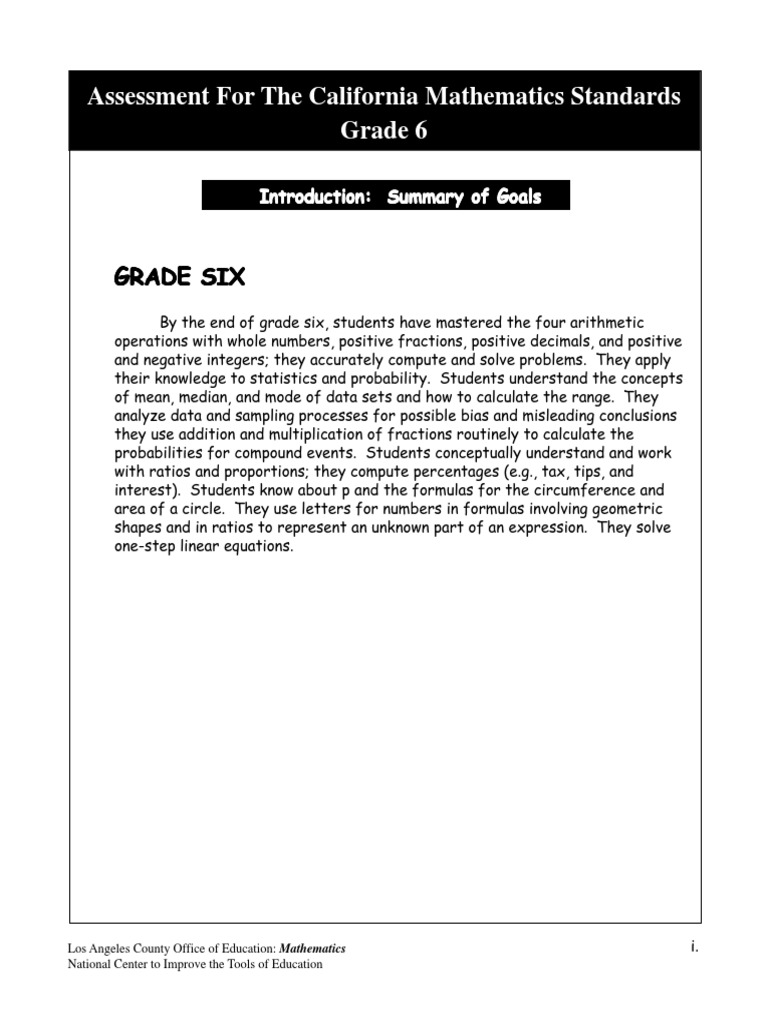 Assessment For The California Mathematics Standards Grade 6: Grade Six ...