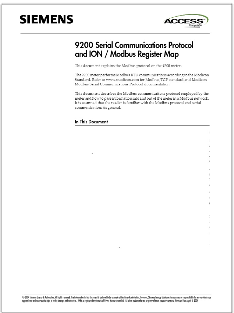 9200 Serial Communications Protocol and ION - Modbus Register Map - PDF ...
