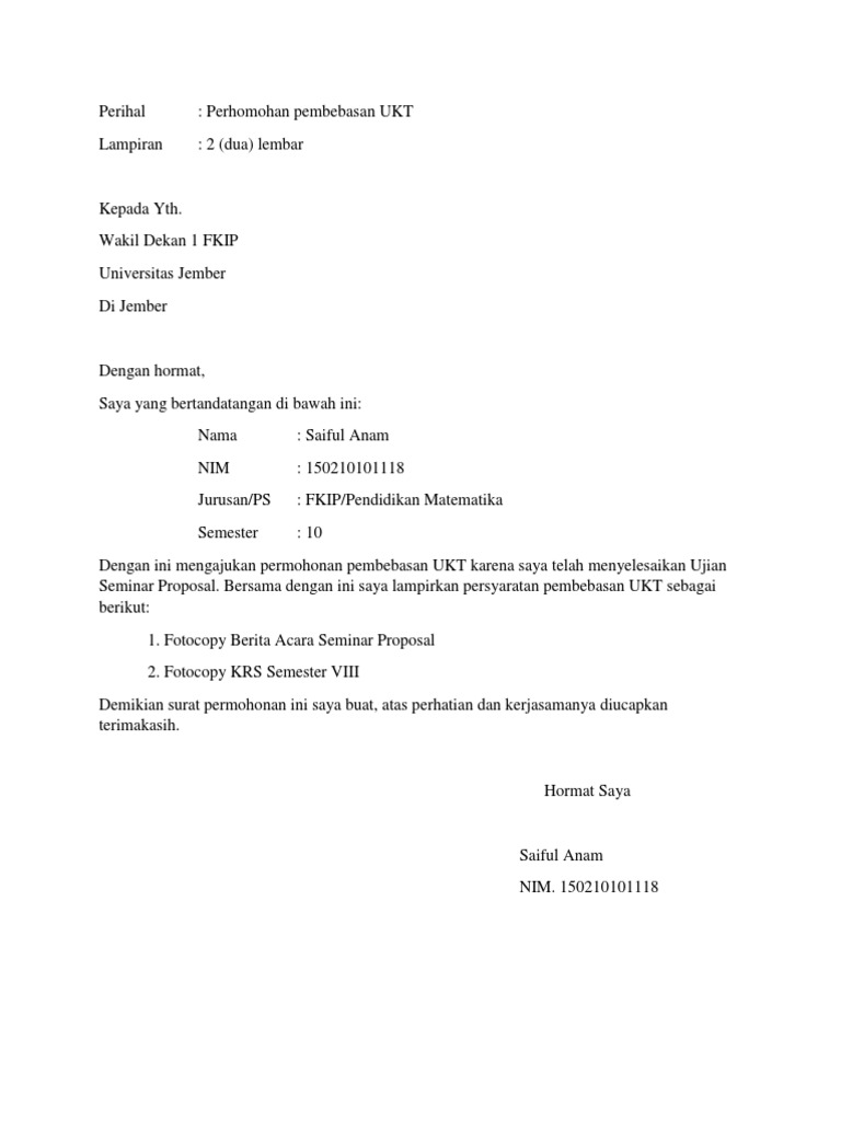 Surat Permohonan Pembebasan Ukt | PDF