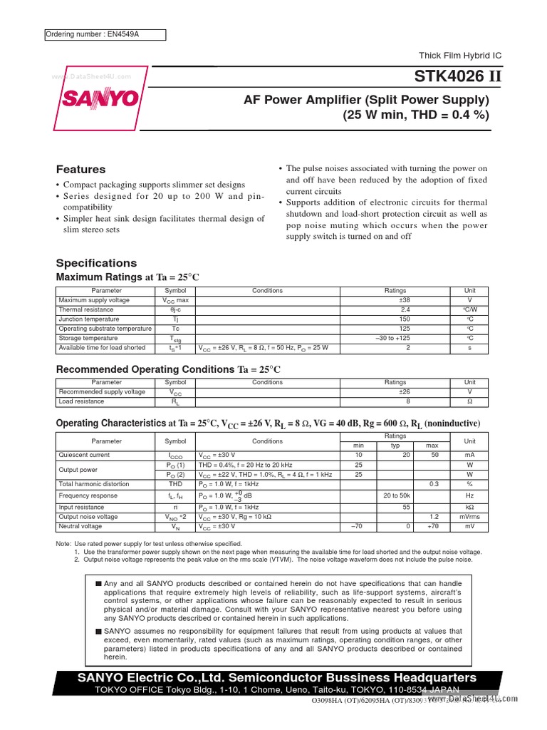 STK4026 II AF Power Amplifier Datasheet | PDF | Electromagnetism ...