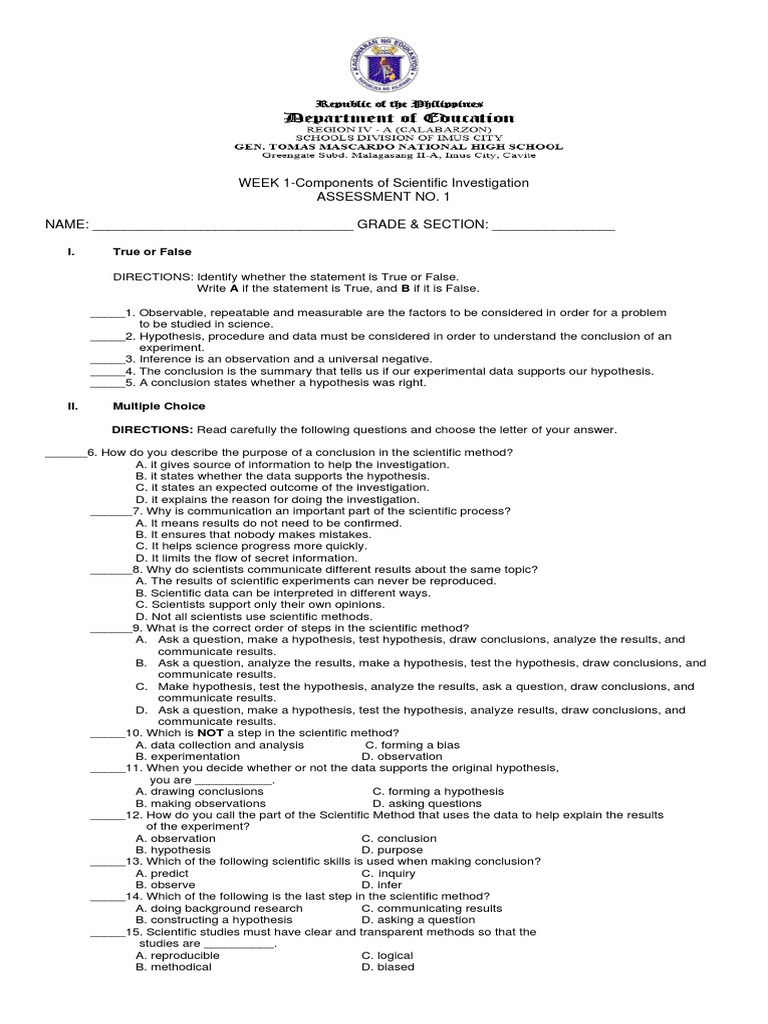 Science 7 First Quarter WEEK 1-Components of Scientific Investigation ...