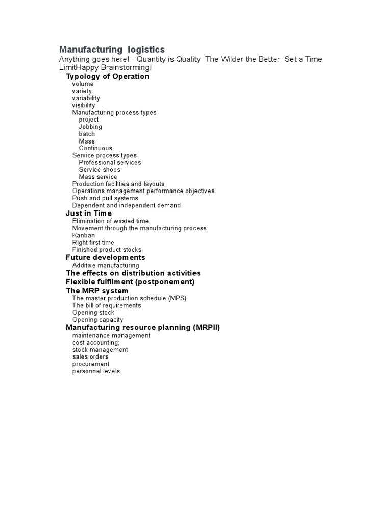 Manufacturing Logistics: Typology of Operation | PDF | Business | Computers