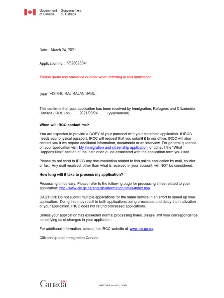 IRCC Application Receipt | PDF