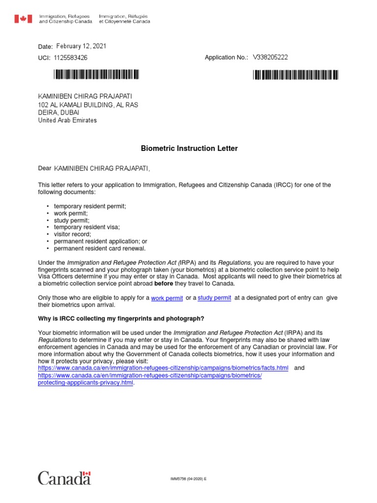 Biometric Instruction Letter: Study Permit Work Permit | PDF | Travel ...