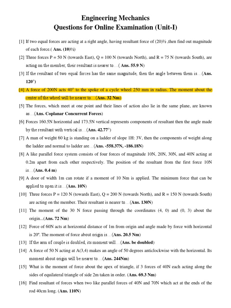 Engineering Mechanics Questions For Online Examination (Unit-I) | PDF ...