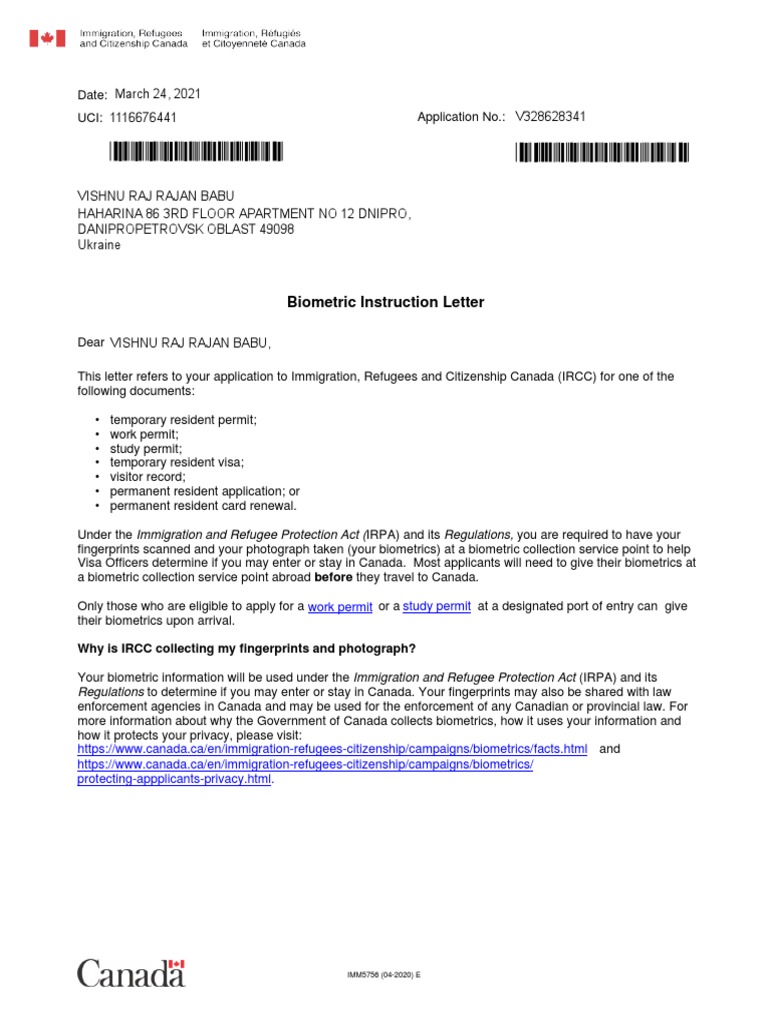 Biometric Instruction Letter: Study Permit Work Permit | PDF ...
