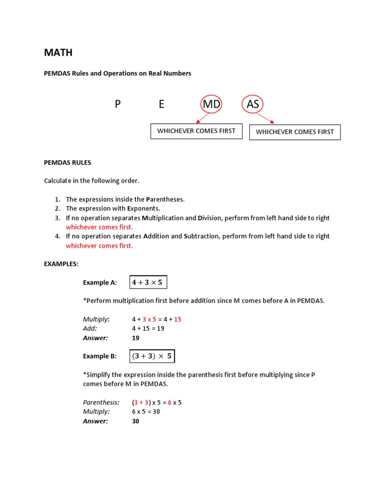 P E MD AS: PEMDAS Rules and Operations On Real Numbers | PDF ...