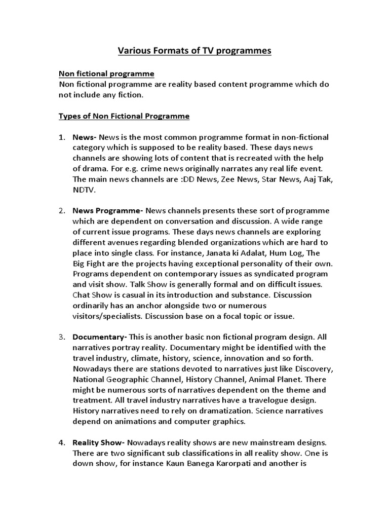 Various Formats of TV Programmes | PDF | Soap Opera | Reality Television