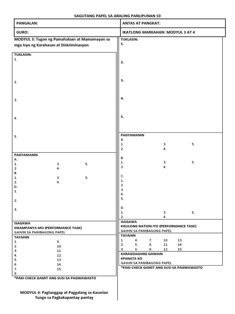 Answer Sheet Ap10-Q3, W1-3 | PDF