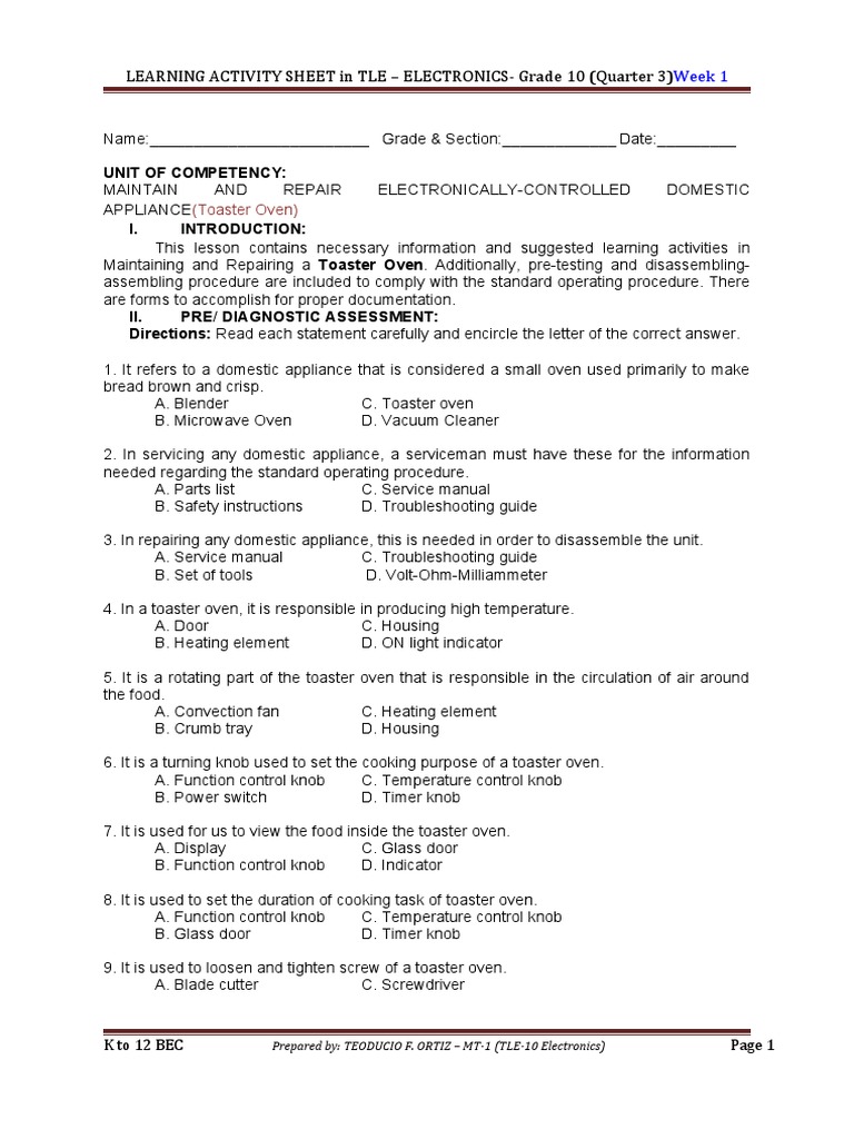 Learning Activity Sheet Electronics G10 Q3 W1 | PDF | Oven | Home Appliance