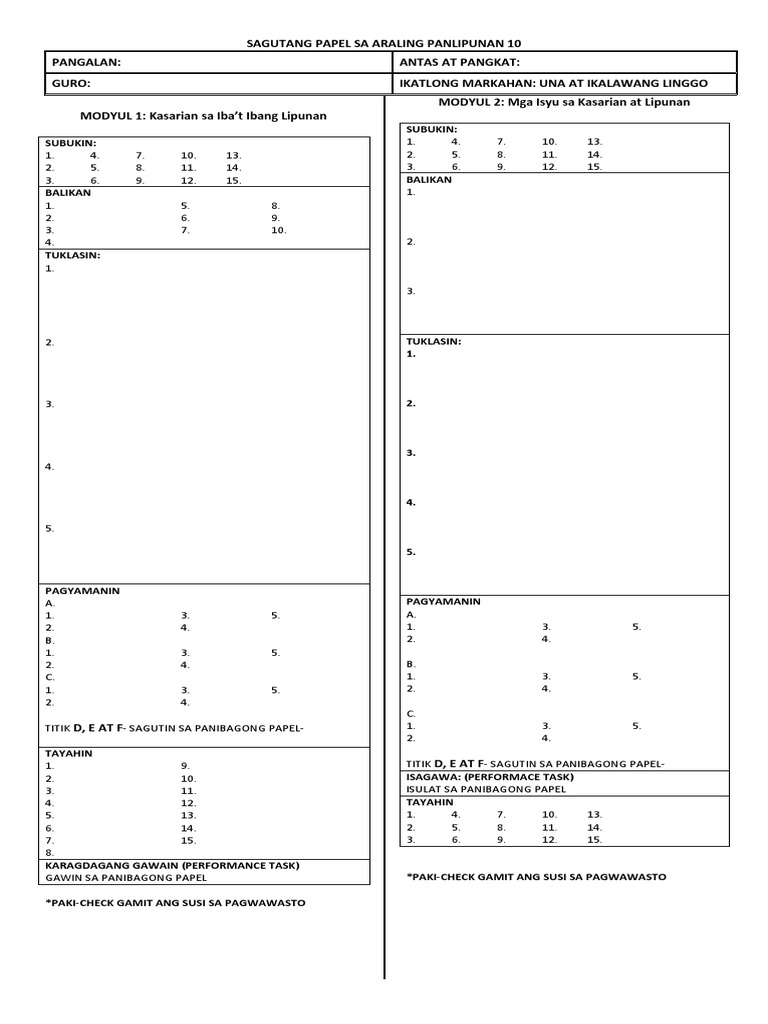 Answer-Sheet Ap10 Q3-W1 and W2 | PDF