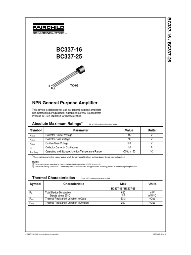 BC337-16 BC337-25: NPN General Purpose Amplifier | PDF | Bipolar ...