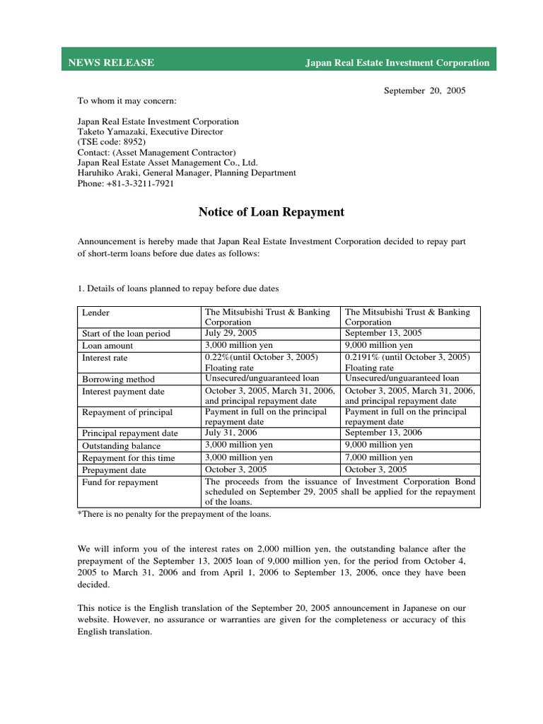 Loan Repayment Notice - Japan RE Corp | PDF | Loans | Monetary Economics