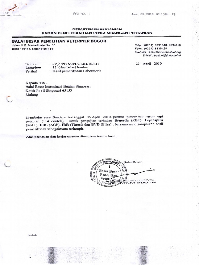 Hasil Pemeriksaan 2010 Balitvet Bogor | PDF
