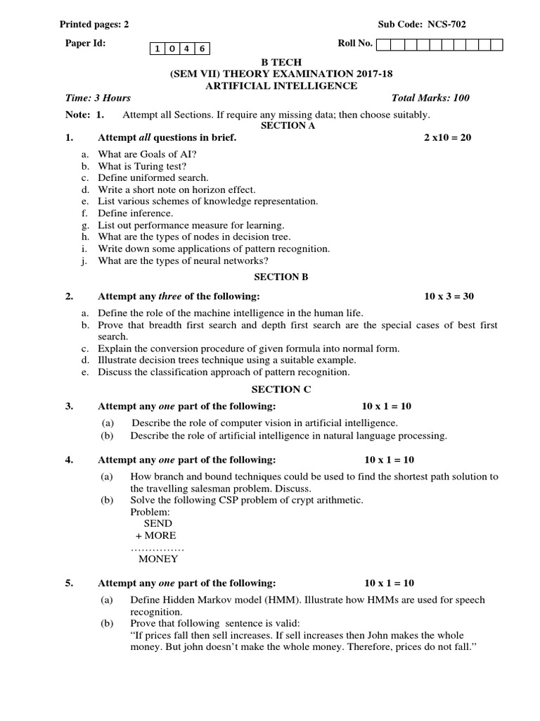 Time: 3 Hours Total Marks: 100: B Tech (Sem Vii) Theory Examination 2017-18 Artificial ...