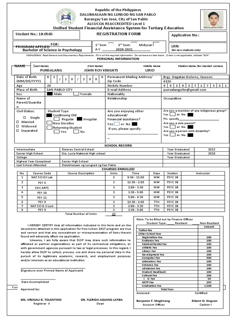 PSYC 3B Unifast Form and Class Schedule | PDF | Business