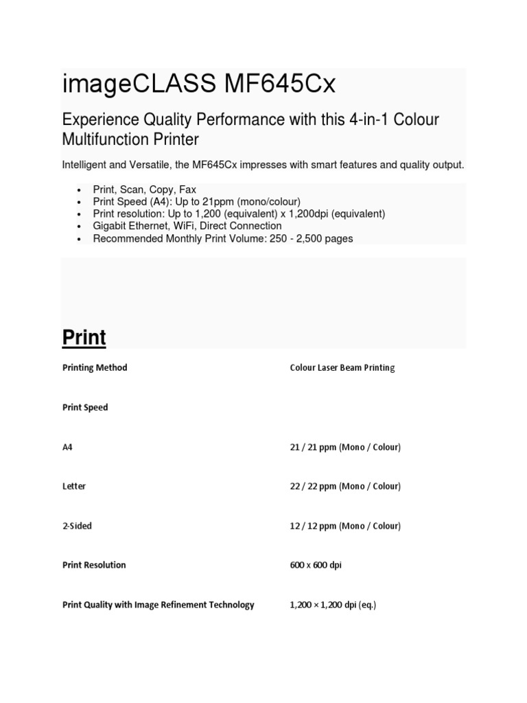CANON imageCLASS MF645Cx Specs | PDF