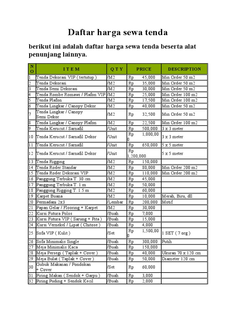 Daftar Harga Sewa Tenda 2 | PDF
