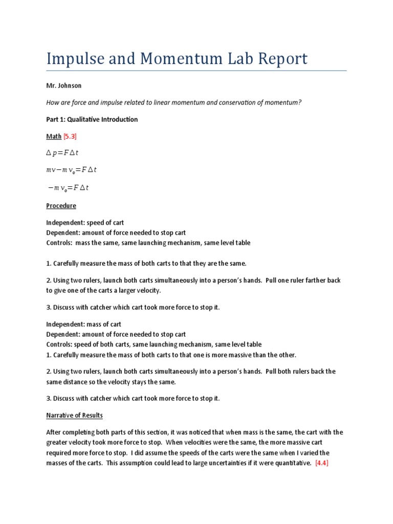 Teacher Impulse and Momentum Lab Report | PDF | Momentum | Collision
