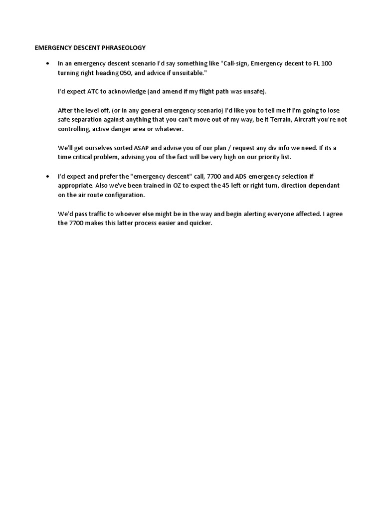 Emergency Descent Phraseology | PDF