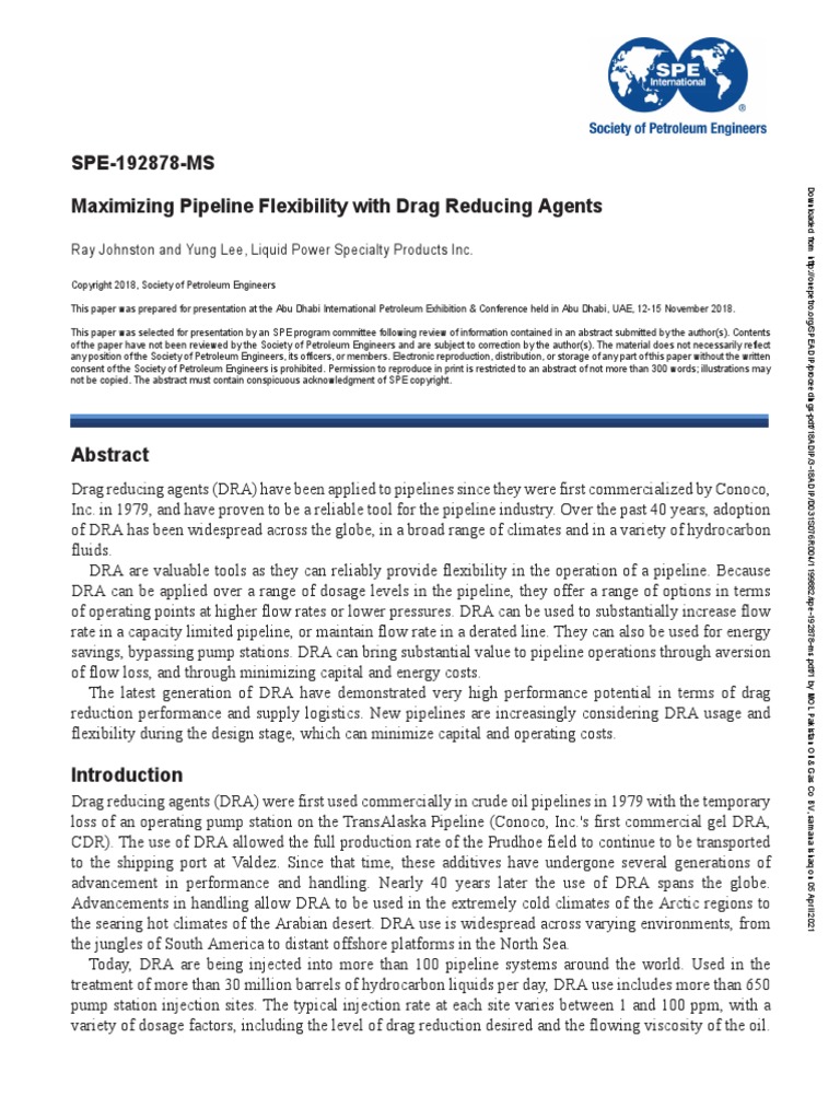 SPE-192878-MS Maximizing Pipeline Flexibility With Drag Reducing Agents | PDF | Pipeline ...