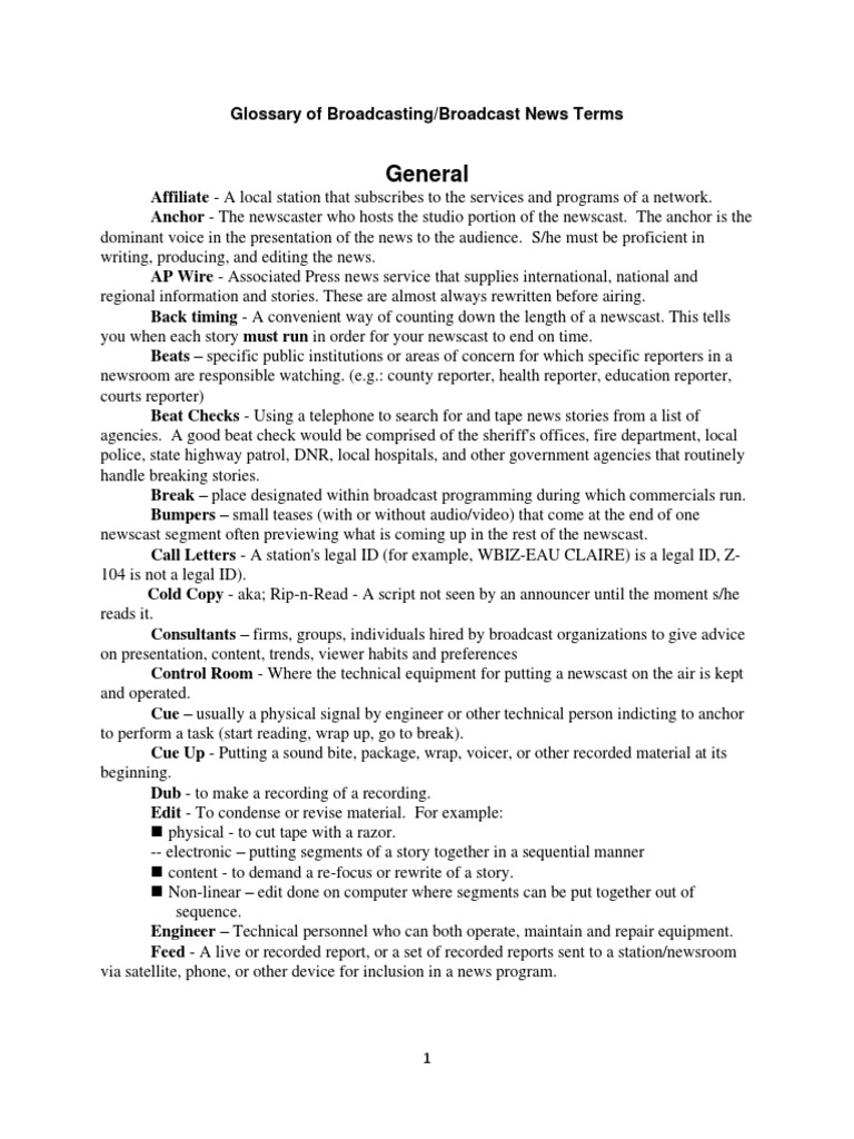 Broadcasting Terms Glossary | PDF | News Broadcasting | News