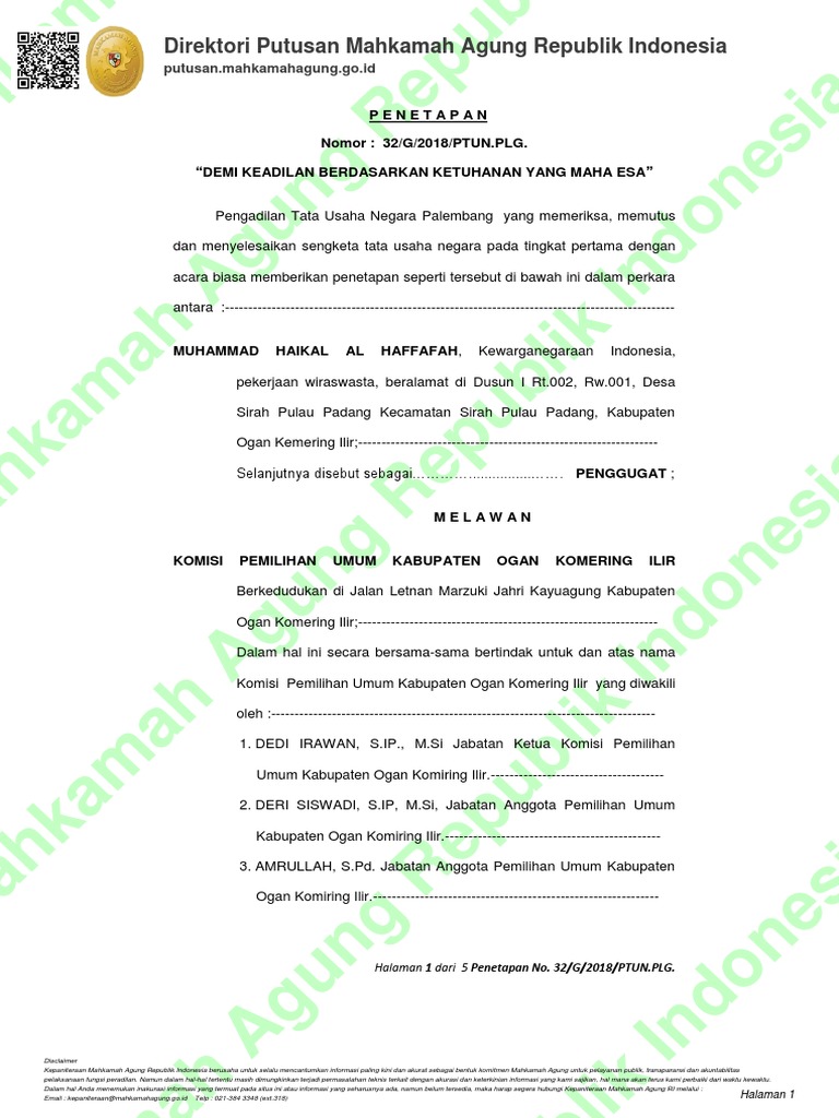 Putusan 32 G 2018 Ptun - PLG 20210315 | PDF