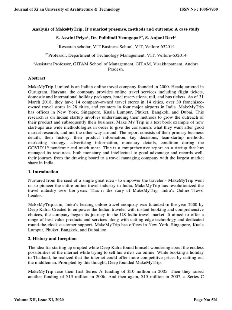 Analysis of Makemytrip, It'S Market Presence, Methods and Outcome: A Case Study S. Aswini Priya ...