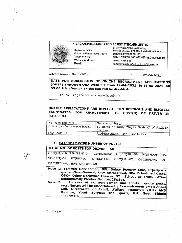 HPSEBL Driver Recruitment 2021 | PDF | Government | Business