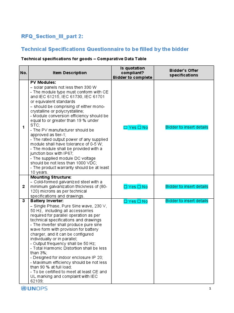 Lot (1) - RFQ - Section - III - Technical Specifications Questionnaire - Part 2. | PDF | Power ...